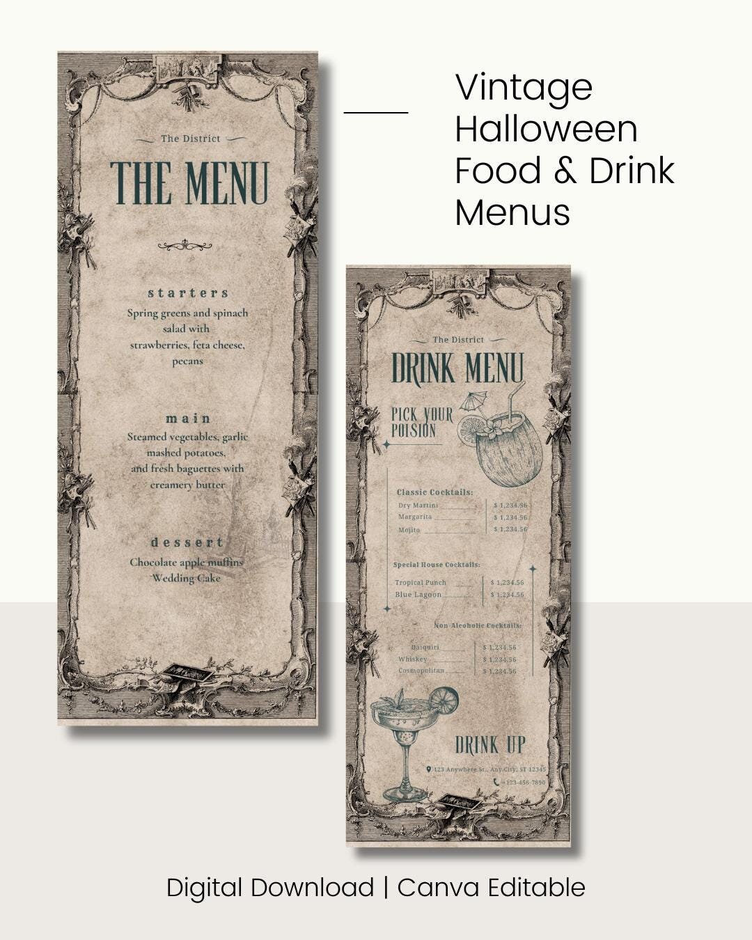 Vintage Halloween Menu Template, Printable Halloween Dinner Party Menu ...