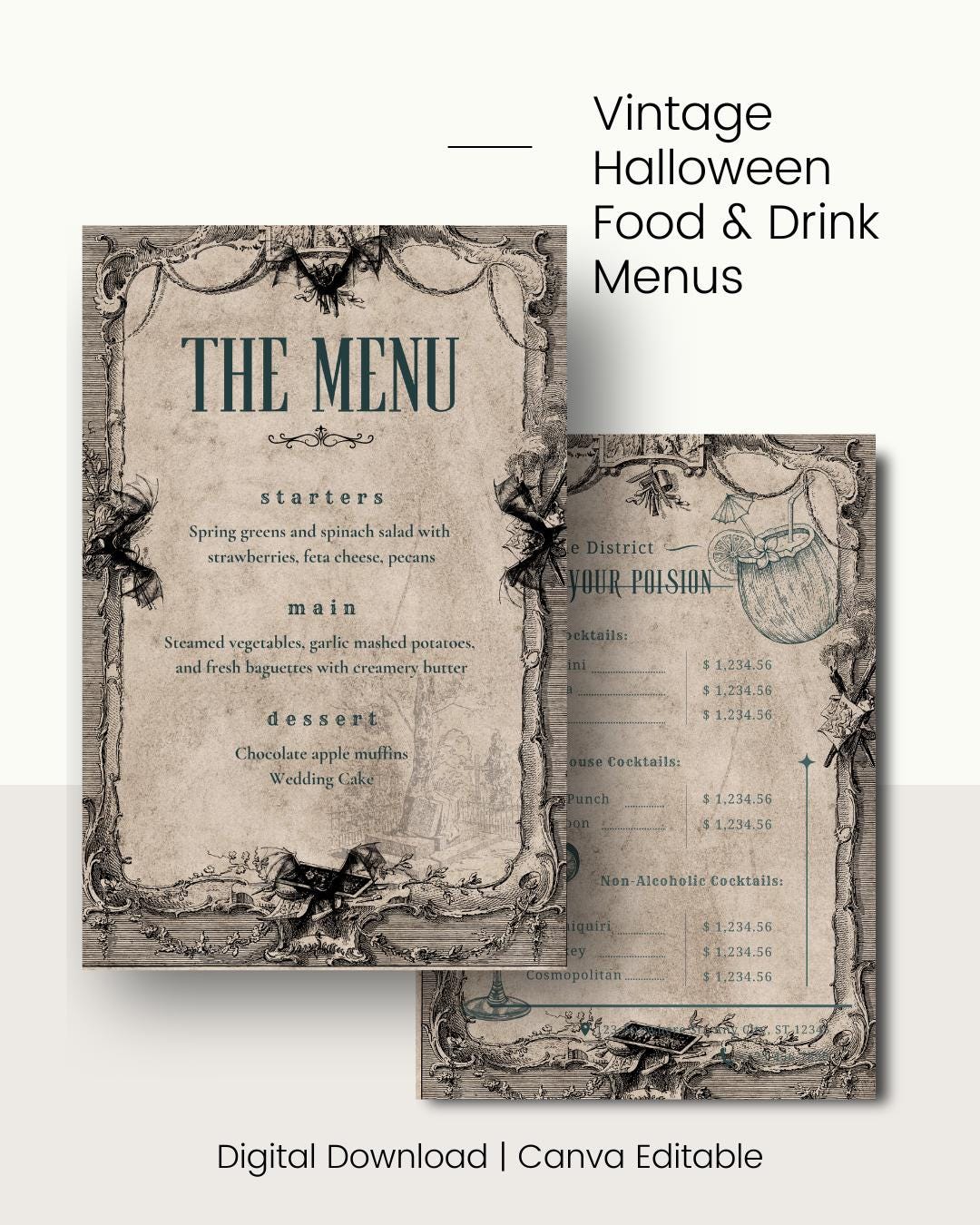 Vintage Halloween Menu Template, Printable Halloween Dinner Party Menu ...