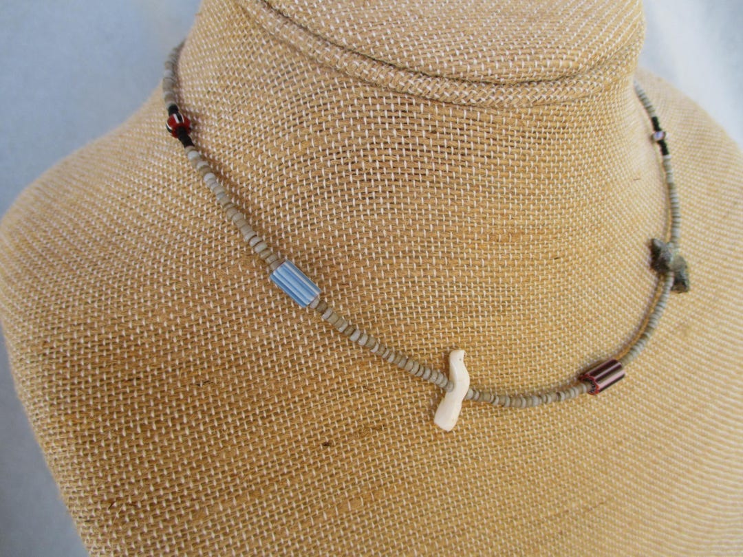 Gray African Seed Bead Necklace With Vintage Zuni Fetishes and Chevrons ...