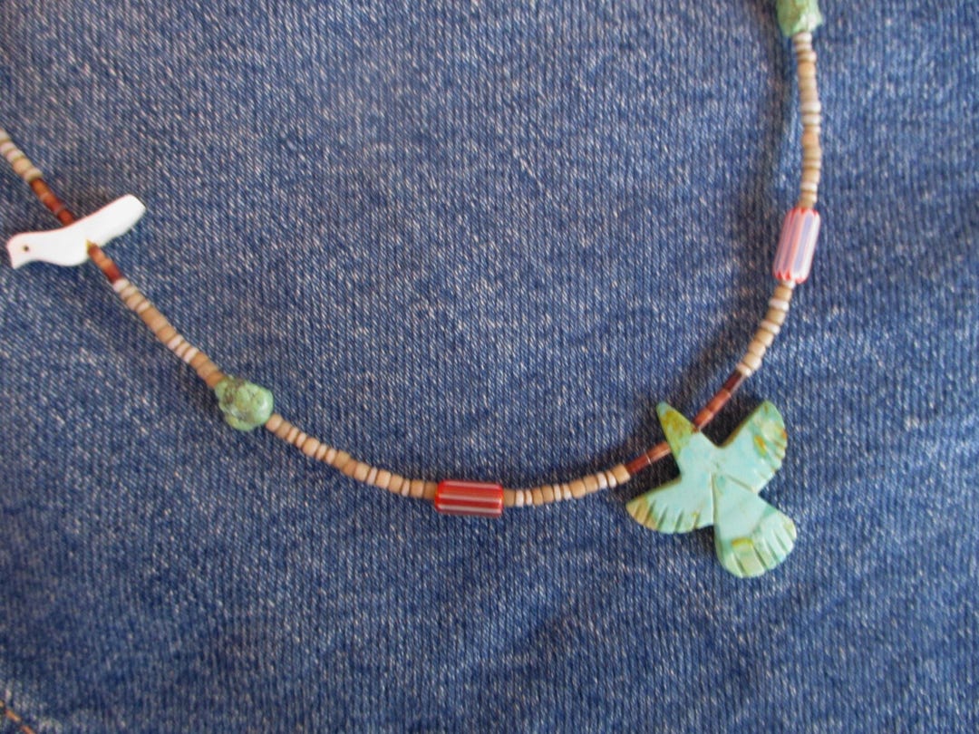 Gray African Seed Bead Necklace With Vintage Zuni Fetishes, Turquoise ...