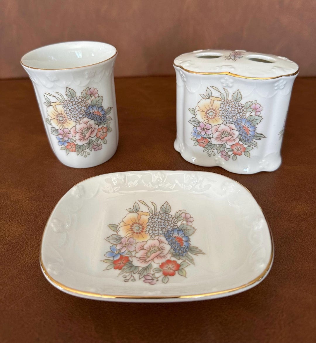 Vintage Takahashi Japan Bathroom Vanity Set With Beautiful Floral ...
