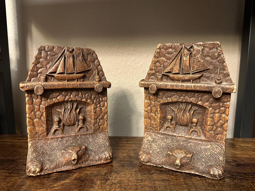 Vintage Syroco Bookends Fireplace With Bear and Ship - Etsy