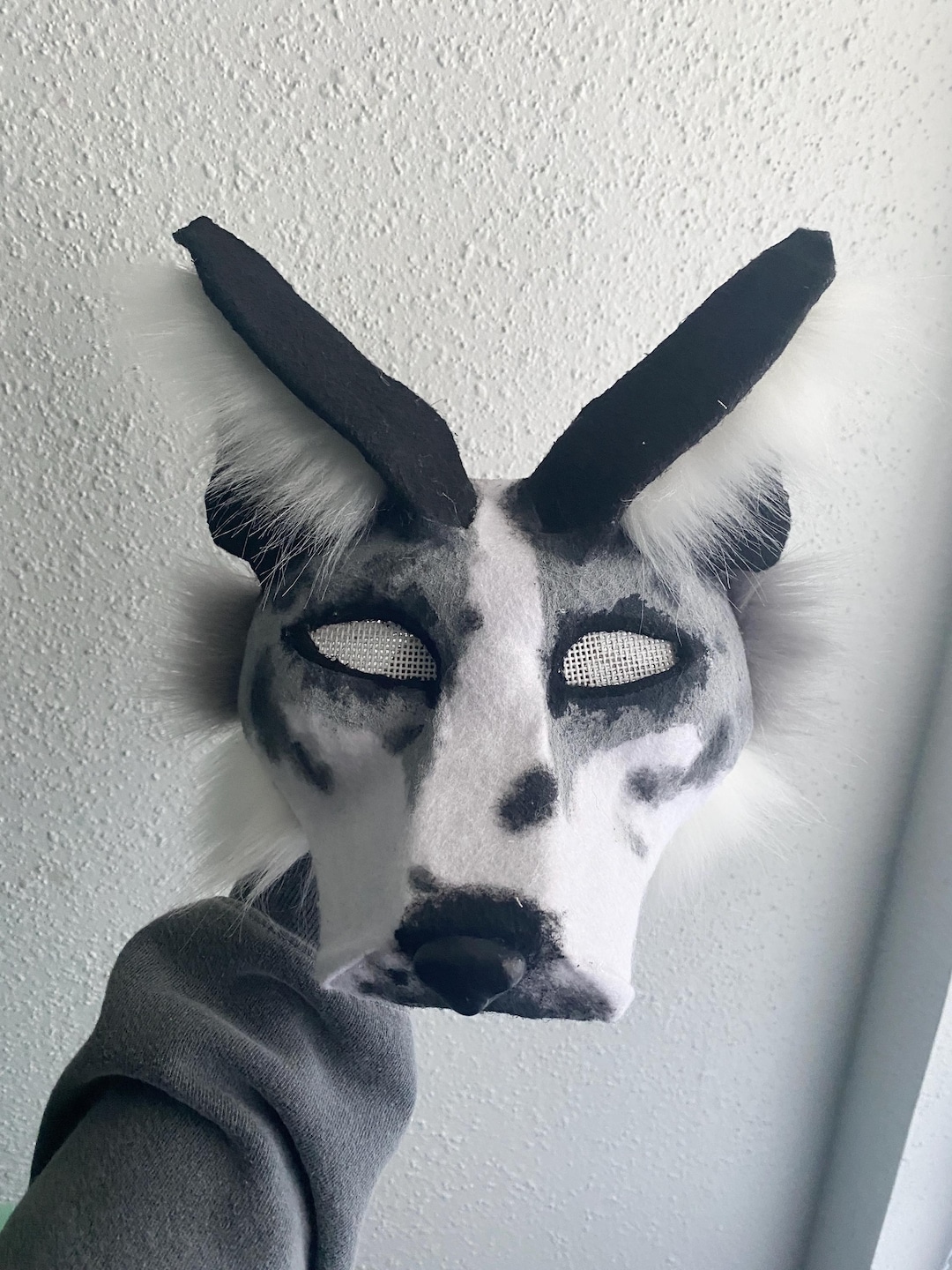 Marble Fox Therian Cat Mask Black Grey White Felted Costume Gear Canine ...