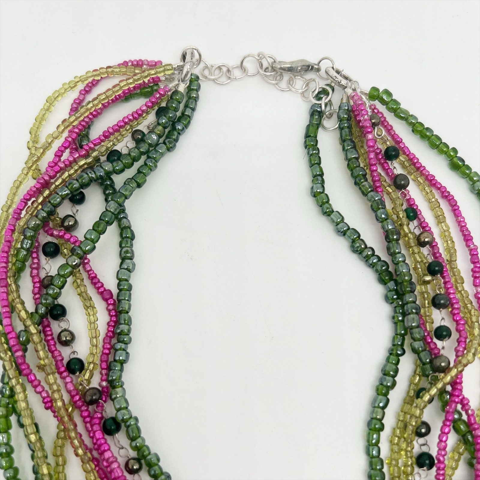 Handmade Seed Bead Multi Strand Necklace Green, Pink, Black Hand ...
