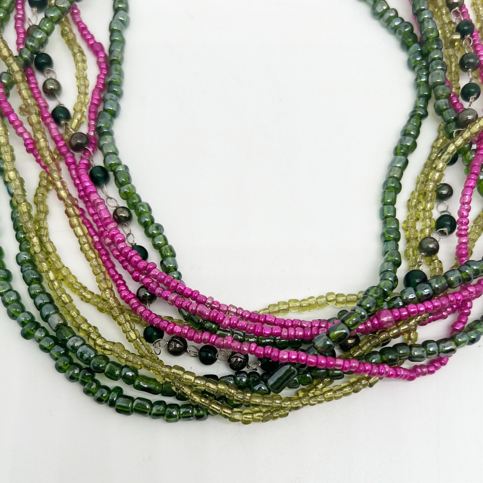 Handmade Seed Bead Multi Strand Necklace Green, Pink, Black Hand ...