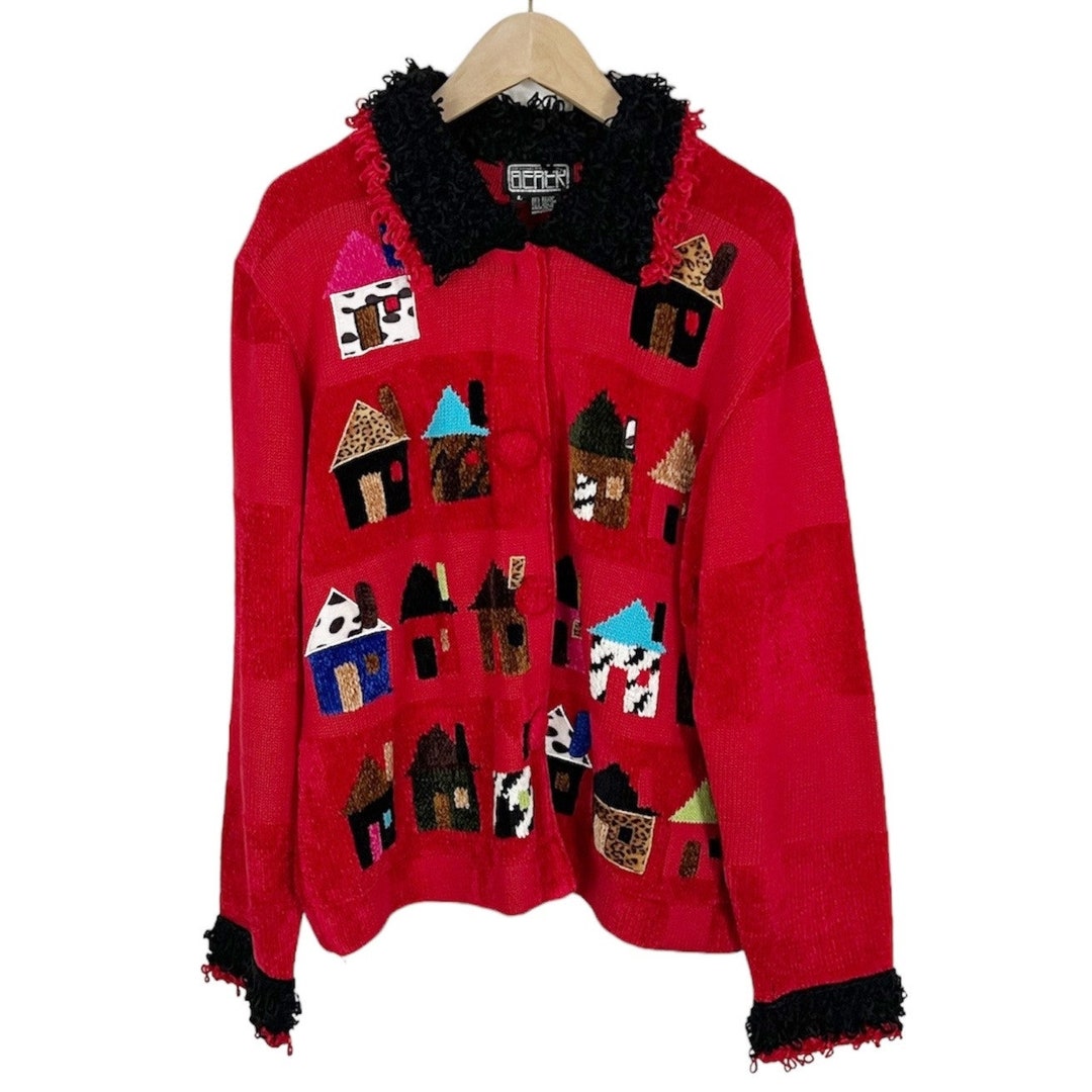 Vintage Berek Colorful House Hand Knit Cardigan Sweater in Red Size ...