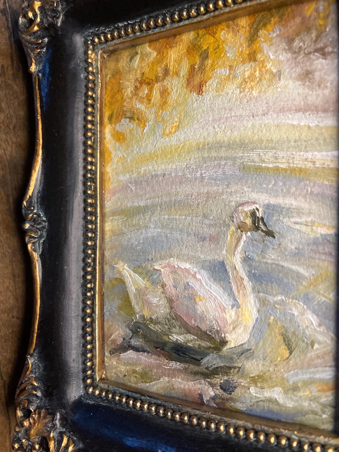 Original Miniature Oil Painting of Swan on Autumn Pond in a Vintage ...