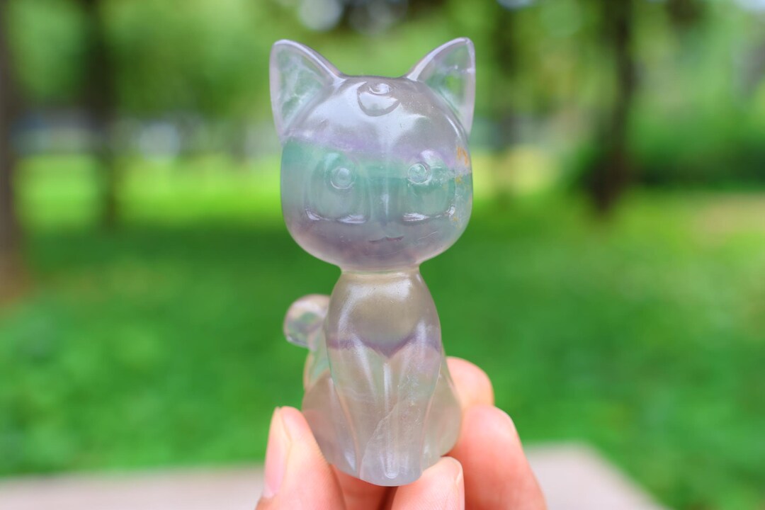 2.8inches Natural Fluorite Carved Moon Cat, Quartz Crystal Carving, Cat ...