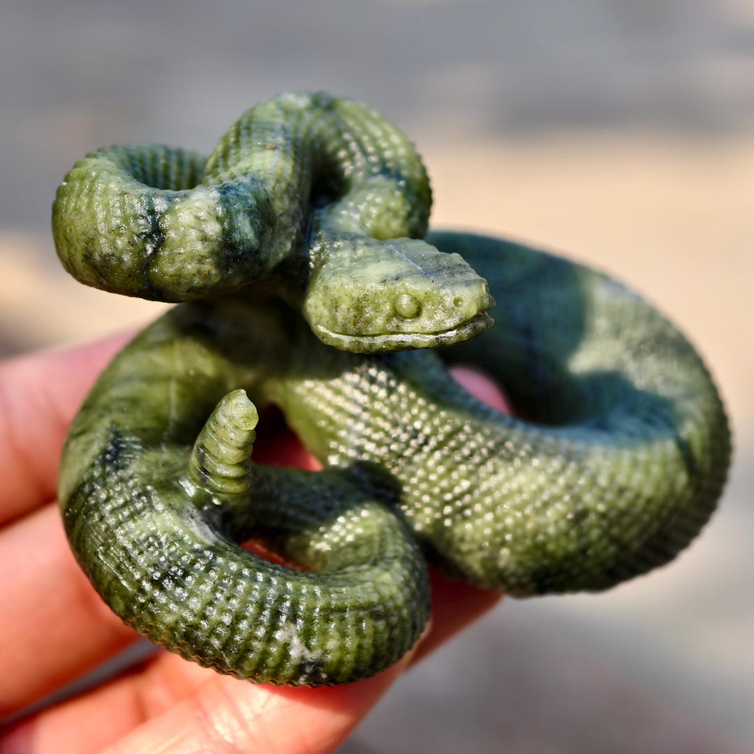 3.3" Natural Green Jade Carved Snake, Quartz Crystal Snake Carving ...
