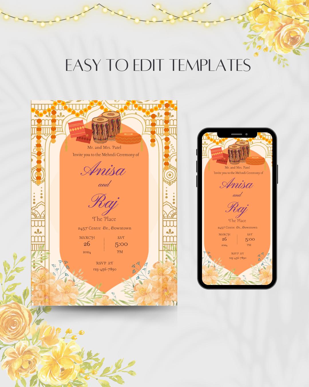 Mehndi Invitation Template, Digital Mehendi Invitation, Dholki Invite ...
