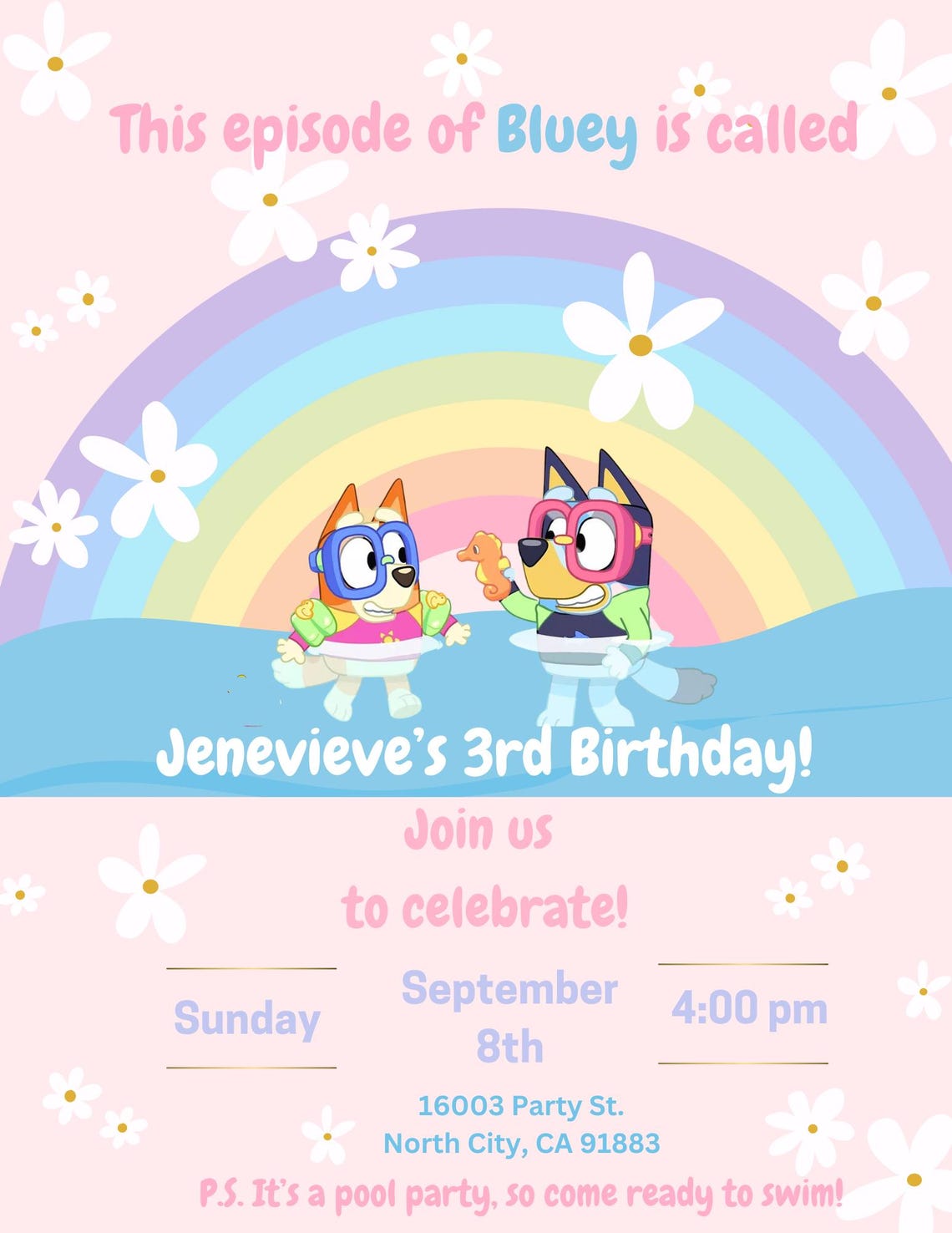 Bluey Pool Party Invitation/bluey Rainbow Daisy Invitation/girl's ...