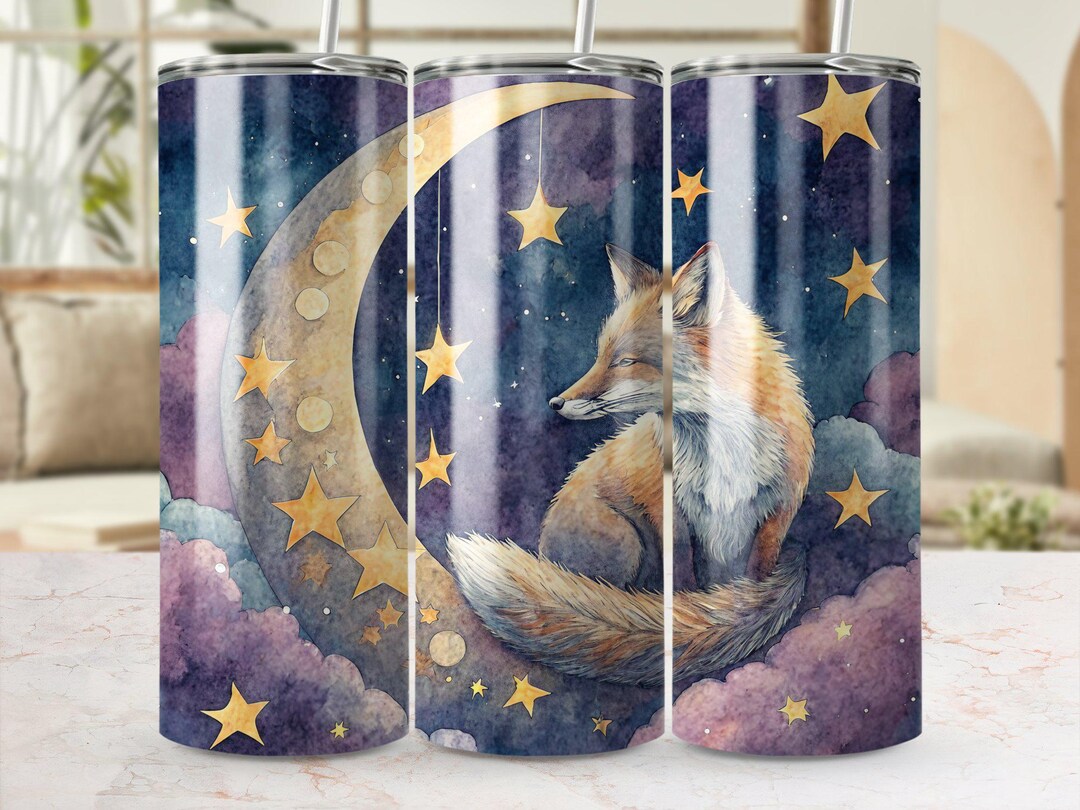 Fox and Moon Tumbler Wrap PNG, Celestial Theme Tumbler Wrap, Fox and Stars Design, Digital ...