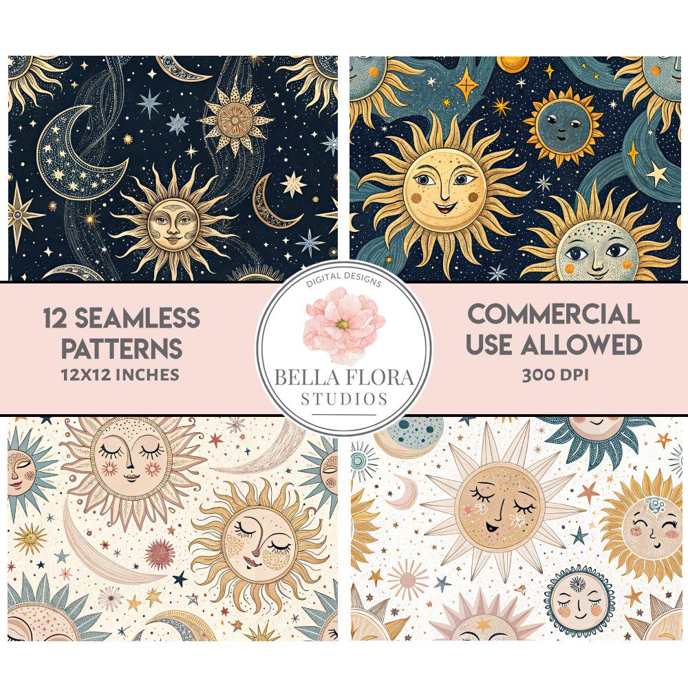 Celestial Digital Seamless Patterns, Suns Moons Stars, Pack of 12 ...