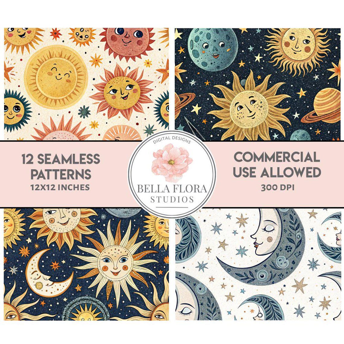 Celestial Digital Seamless Patterns, Suns Moons Stars, Pack of 12 Celestial Scenes Patterns ...
