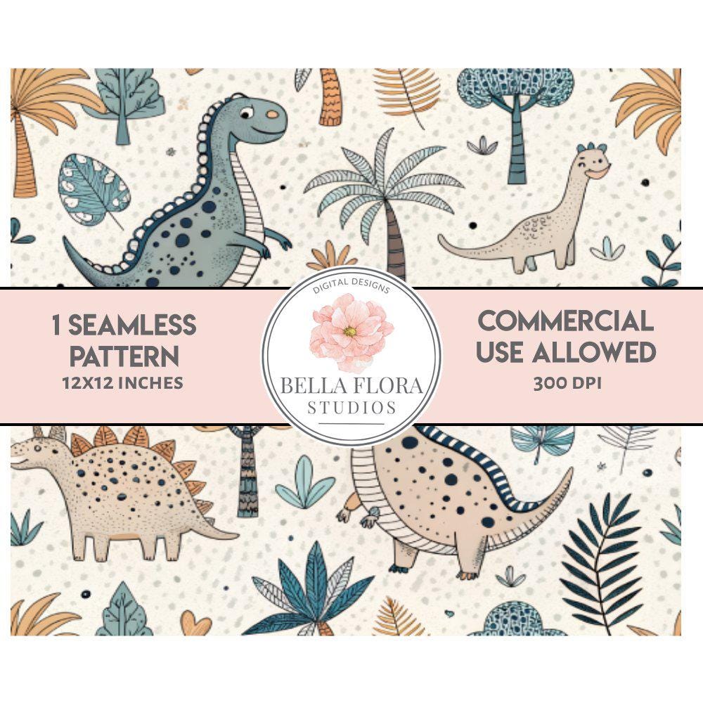 Dinosaur Seamless Pattern, 12x12 Digital Paper, Cute Dino Fabric Design ...