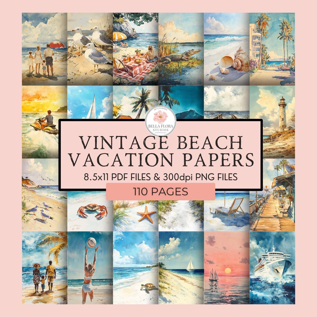 Beach Vacation Digital Papers, Vintage Watercolor Ocean Papers, 110 ...
