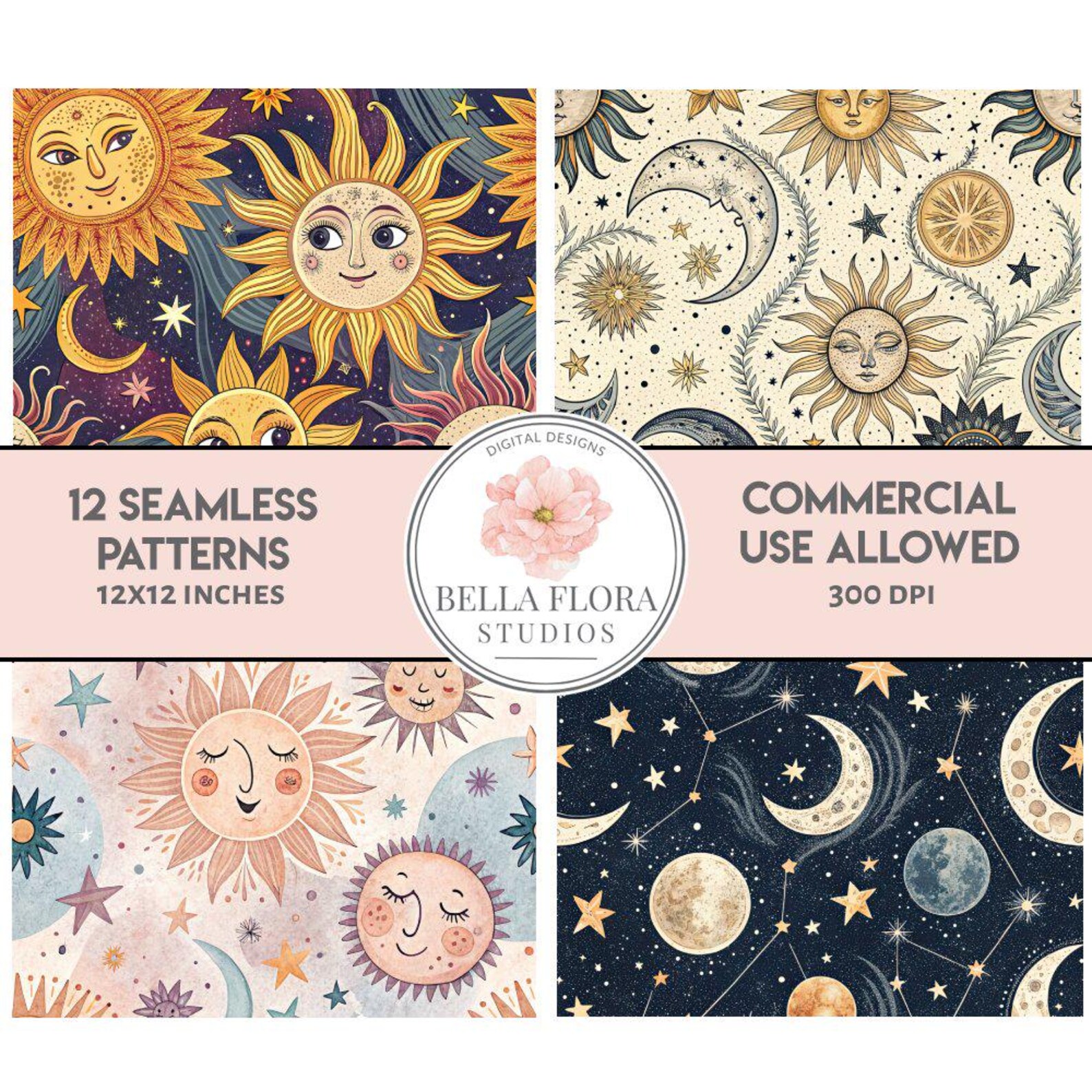 Celestial Digital Seamless Patterns, Suns Moons Stars, Pack of 12 Celestial Scenes Patterns ...