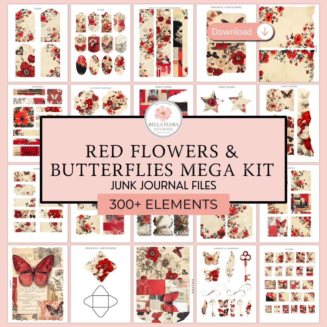 Vintage Red Flowers and Butterflies Junk Journal Kit, Shabby Vintage ...