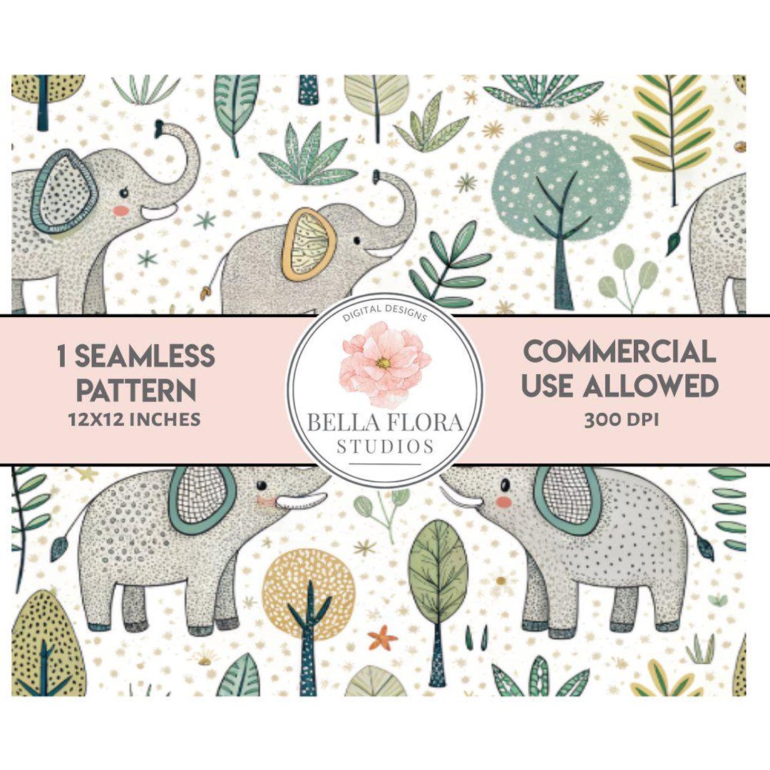 Elephant Pattern Digital, Seamless Pattern, Nursery Art, 12x12 Inch ...