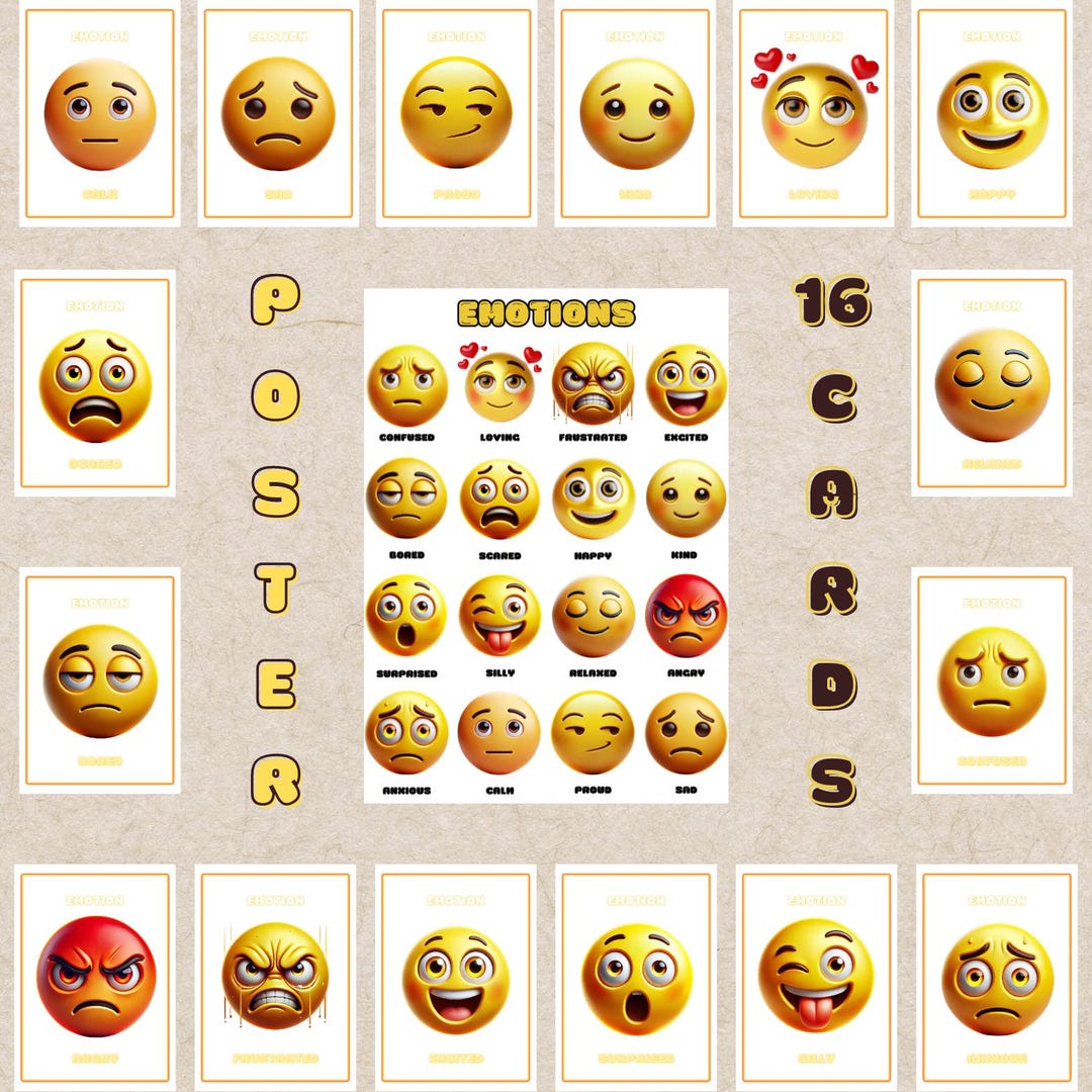 Set of Emotions Poster and 16 Emotions Educational Cards. Mental Cards ...