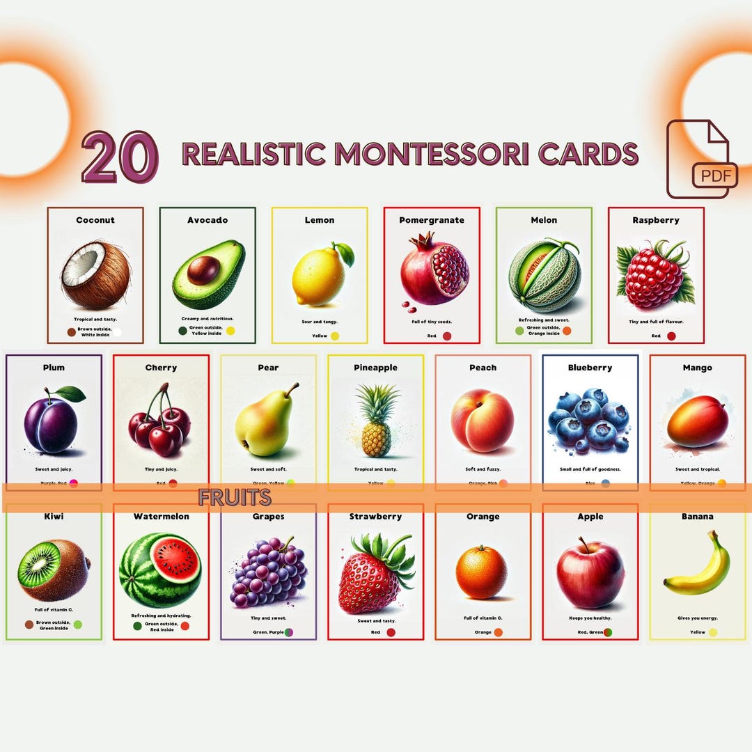 20 Fruits Cards | Montessori Flashcards | Pre-school Cards | Fruits ...