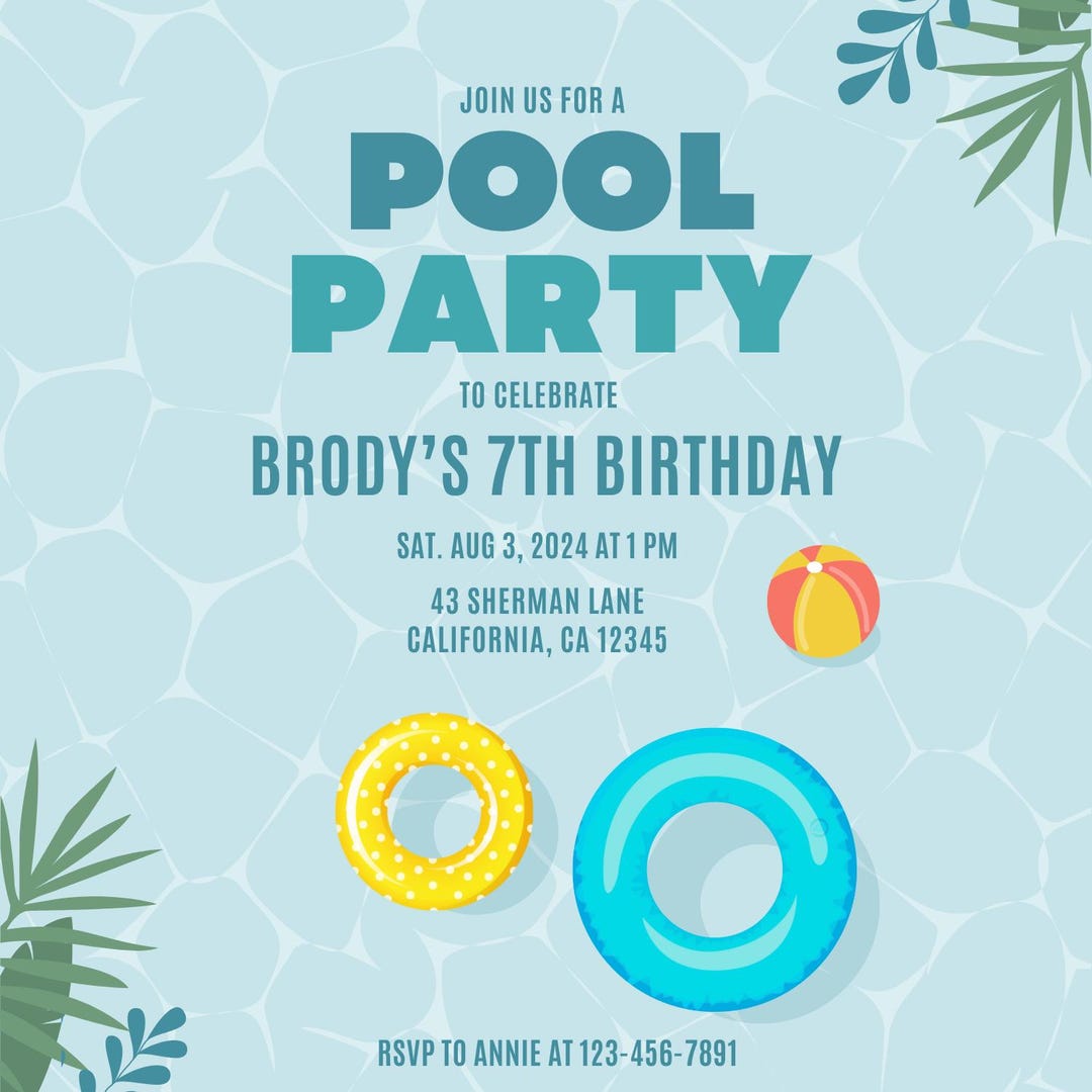 Editable Pool Party Invitation, Text Invitation, Summer Birthday Party ...