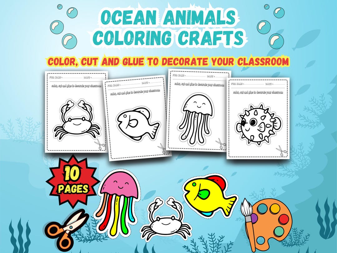 Ocean Scene Cut & Paste Craft, Sea Creatures Coloring Page Activity ...