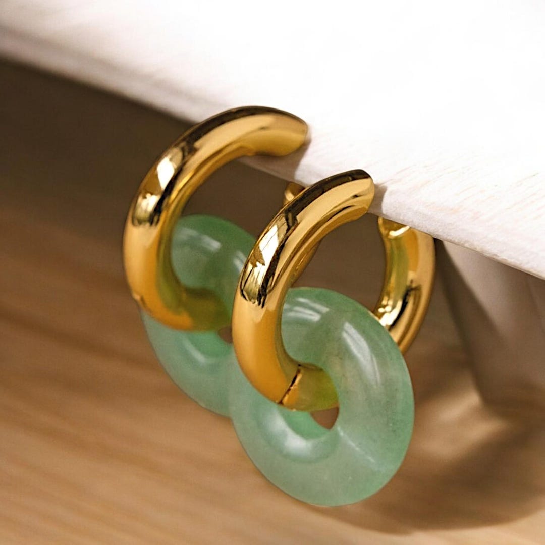 Green Jade Hoop Earrings | Gold Huggie Earrings | Elegant Jade Jewelry ...