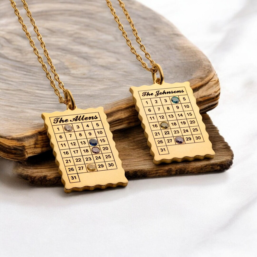 Personalized Calendar Birthstone Necklace - Custom Engraved Date ...