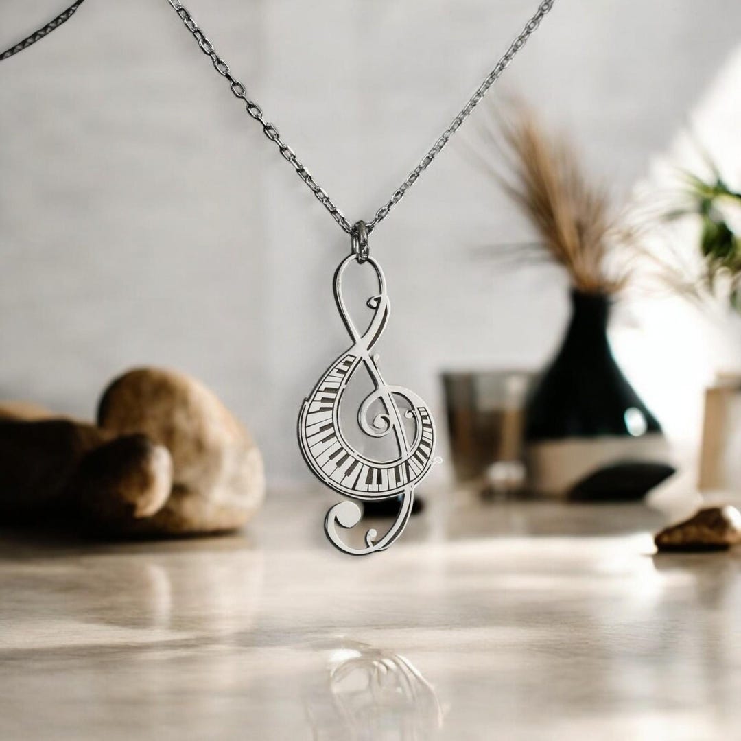 Treble Clef Necklace in Sterling Silver, Music Note Pendant With Piano ...