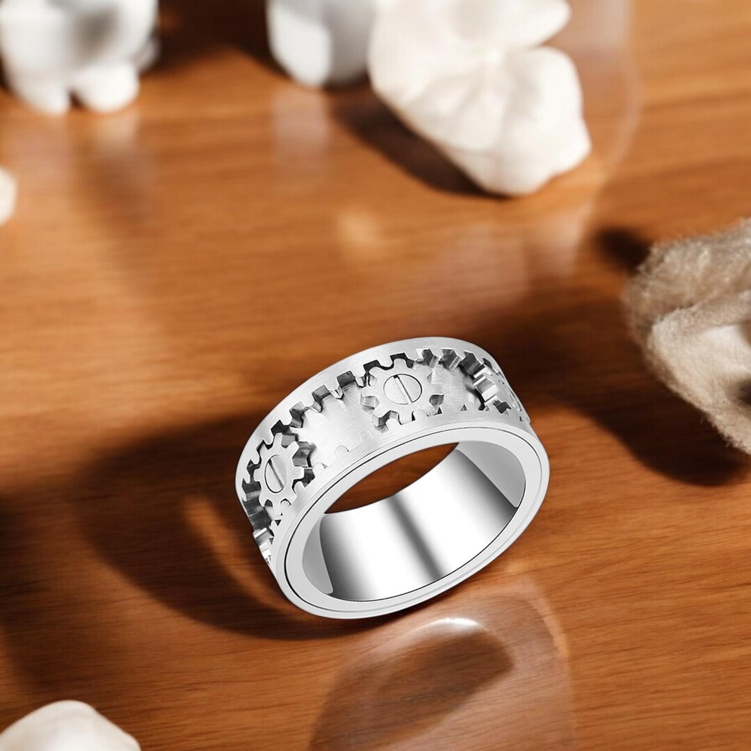 Silver Gear Spinner Ring for Men - Stainless Steel Gearhead Jewelry ...