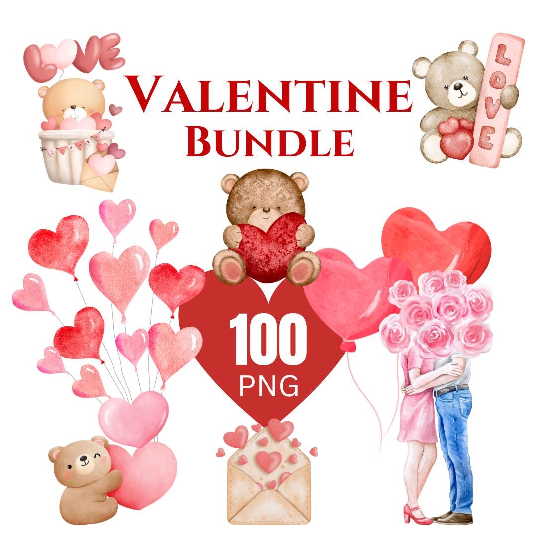 Watercolor Valentine Clipart Bundle, 100 Cute Valentine's Day Pngs ...