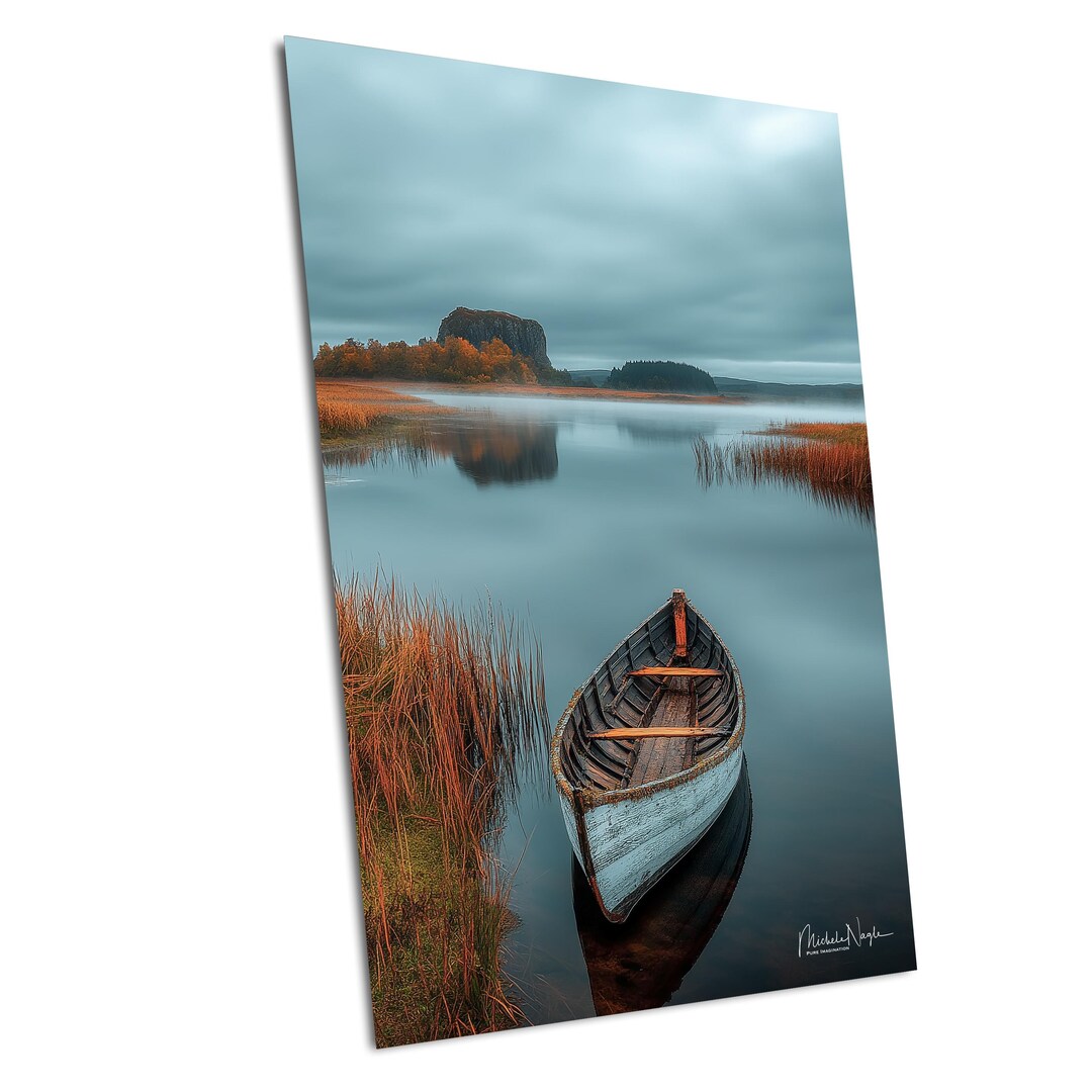 Rustic Boat on Misty Lake Art Print Serene Autumn Landscape Wall Art ...