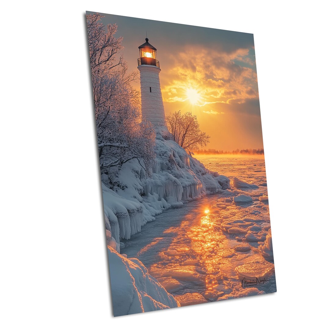 Icy Lighthouse at Sunrise Art Print Winter Coastal Decor Golden Frozen ...