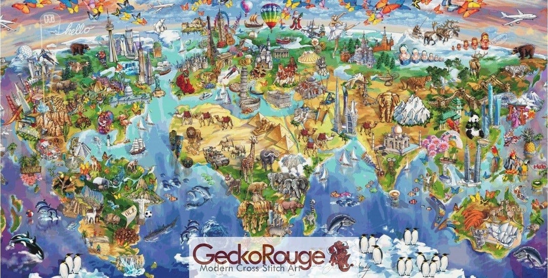 Wonderful World Map Illustration by Maria Rabinky Modern Cross Stitch ...