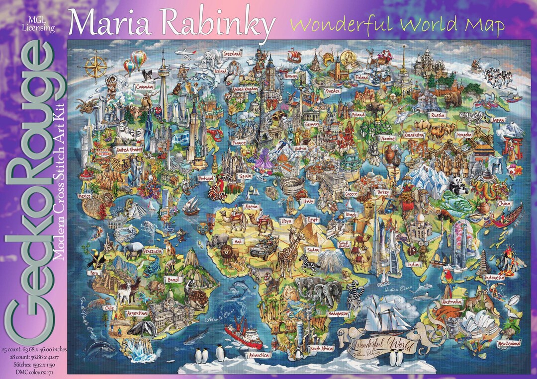 Wonderful World Map Illustration by Maria Rabinky Modern Cross Stitch ...