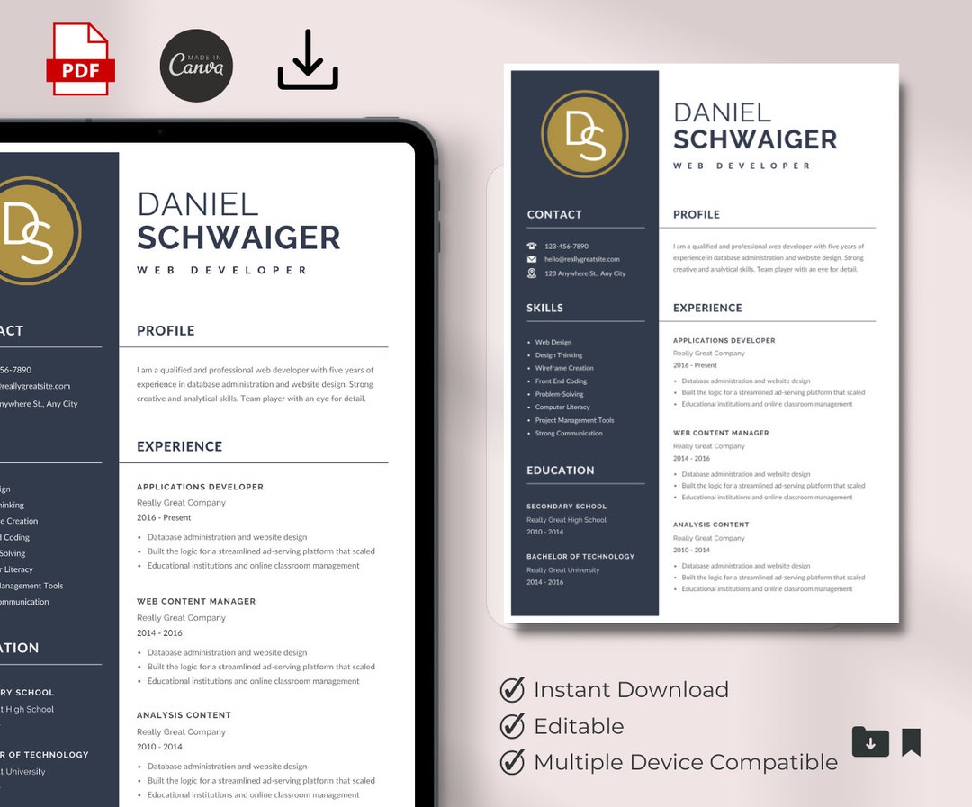 Minimalist Gray Gold Resume Template: Elegant CV Design (instant ...
