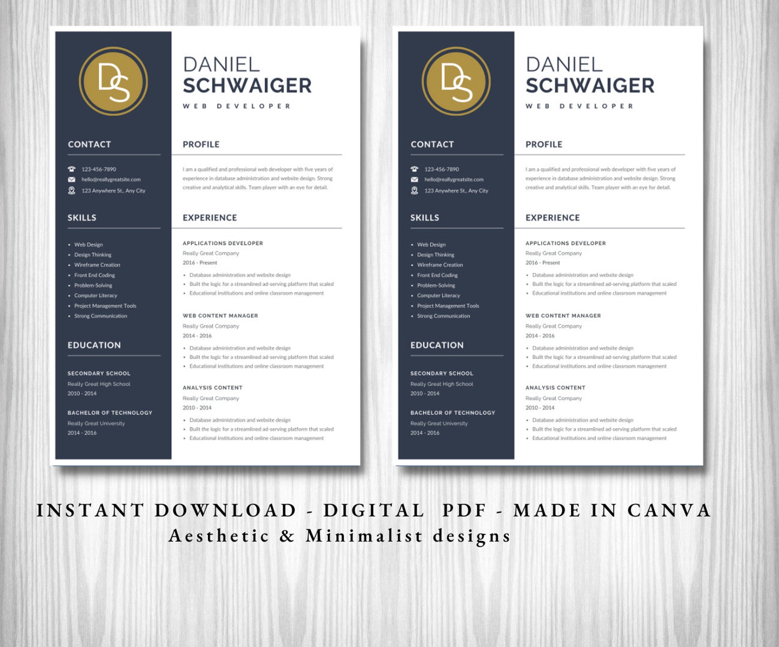 Minimalist Gray Gold Resume Template: Elegant CV Design (instant ...