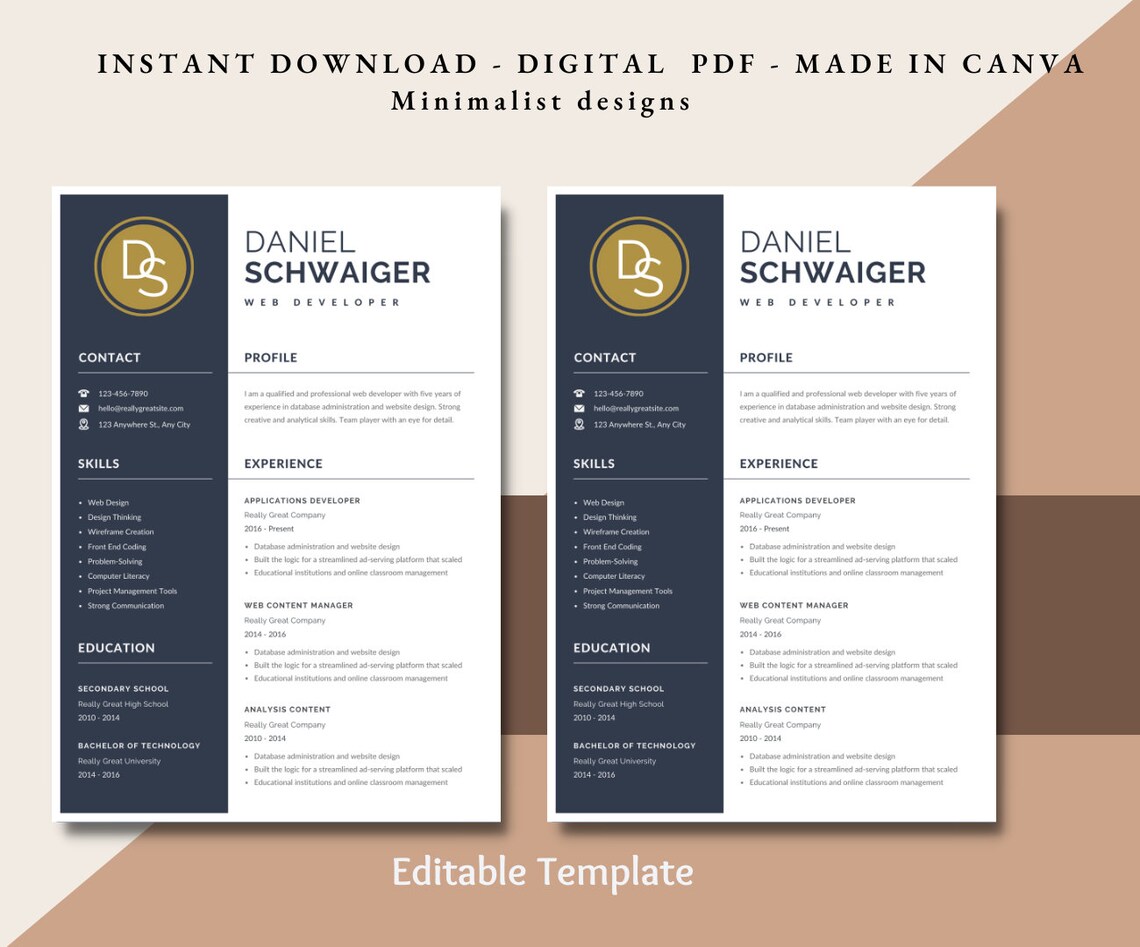 Minimalist Gray Gold Resume Template: Elegant CV Design (instant ...