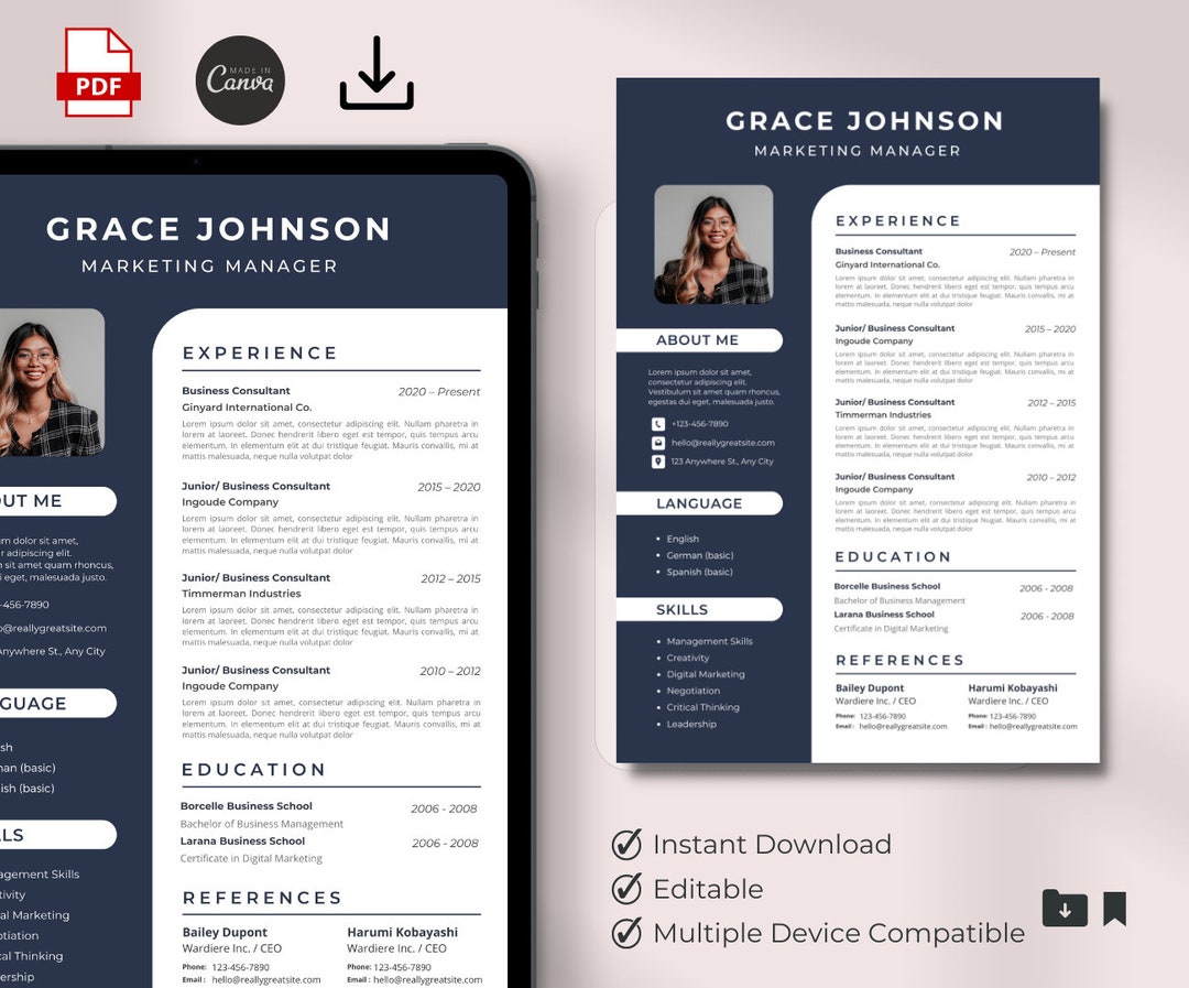 Minimalist Dark Blue White CV Template, Simple Resume Design, Clean ...