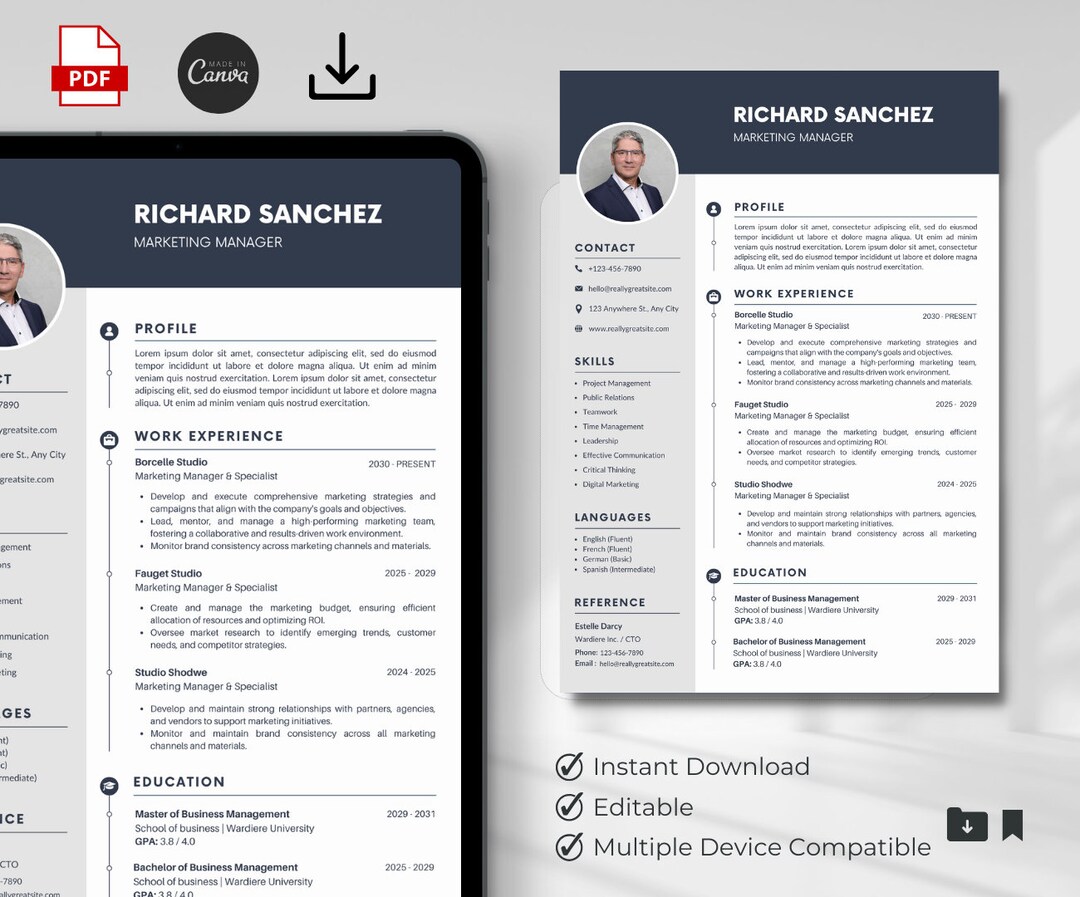 Blue Gray Resume Template: Modern CV Design (editable) - Etsy