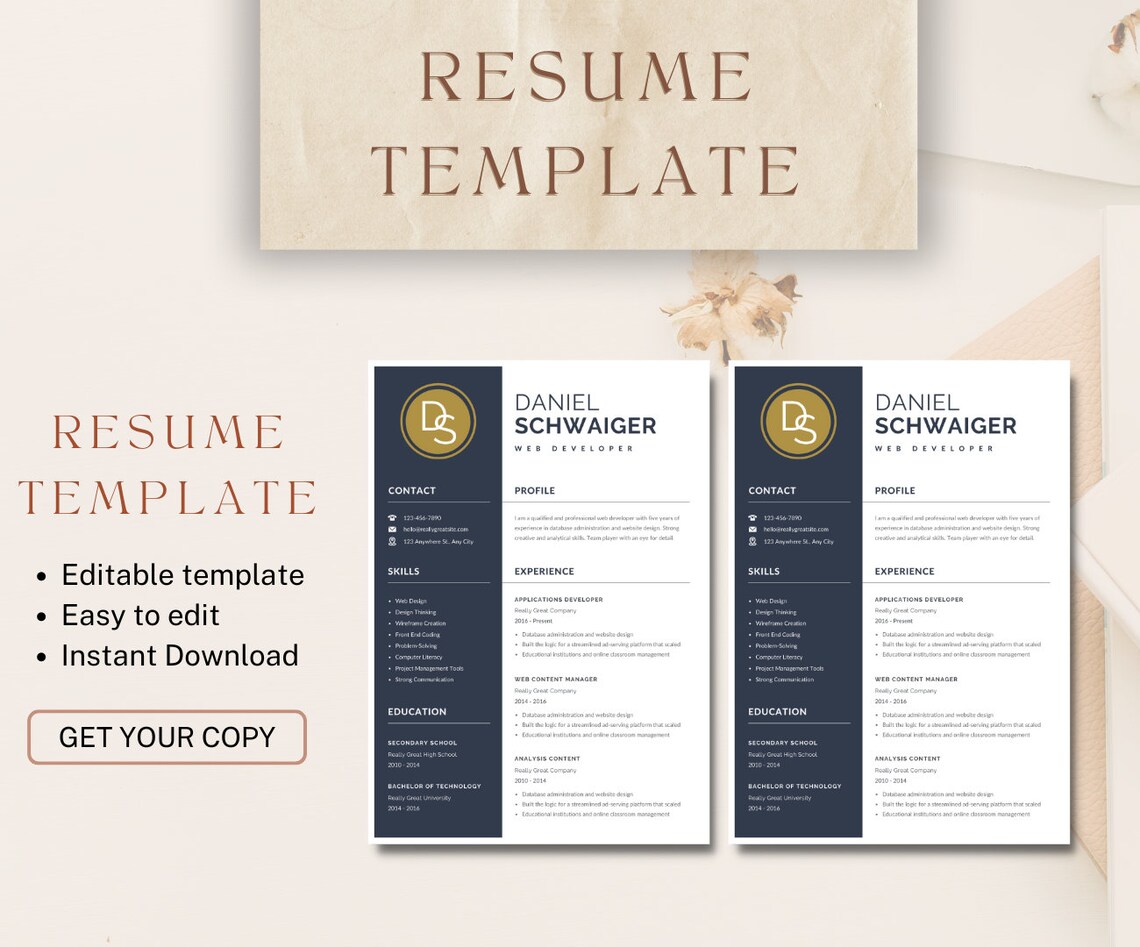 Minimalist Gray Gold Resume Template: Elegant CV Design (instant ...
