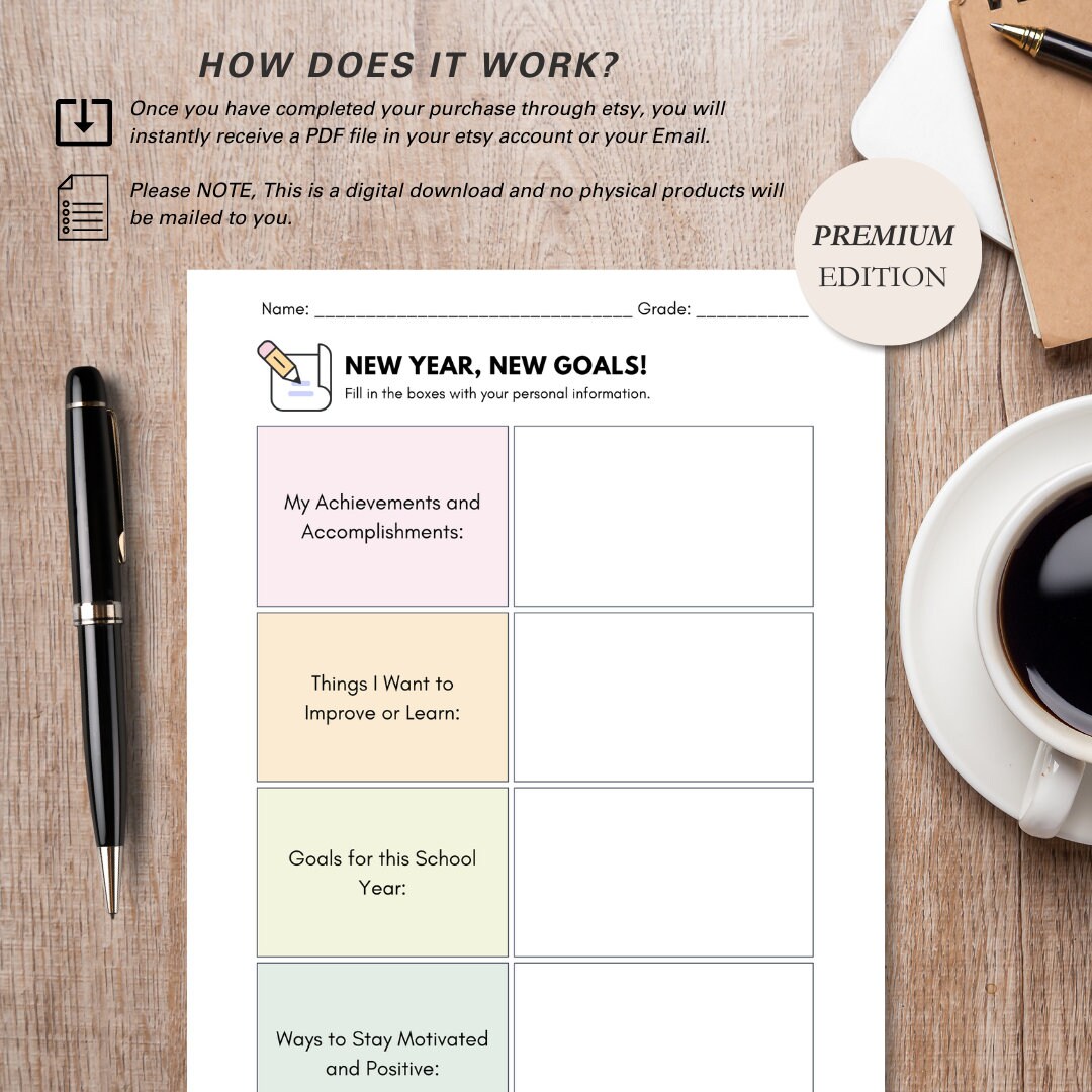 New Year's Resolution Worksheet for Student, 1 Page Resolution Sheet ...