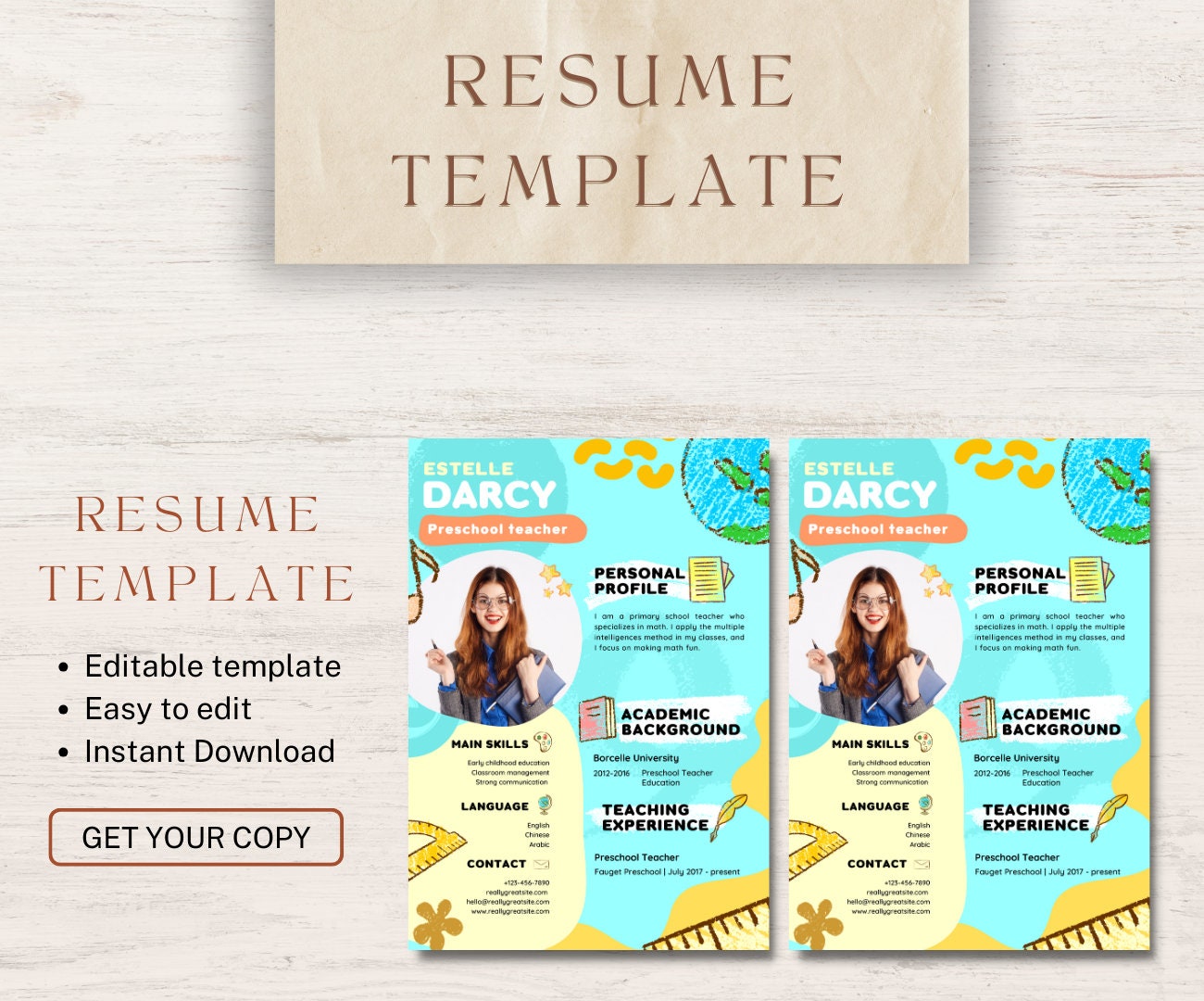 Playful Preschool Teacher Resume Template: Blue & Yellow Design ...