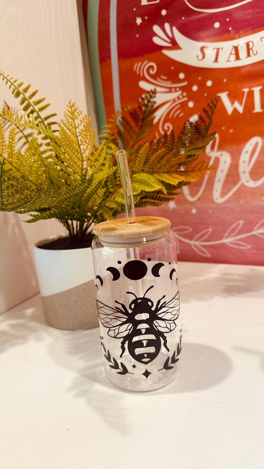 Bee Moon Phases Glass Cup With Bamboo Lid | 16 Oz Boho Tumbler With ...