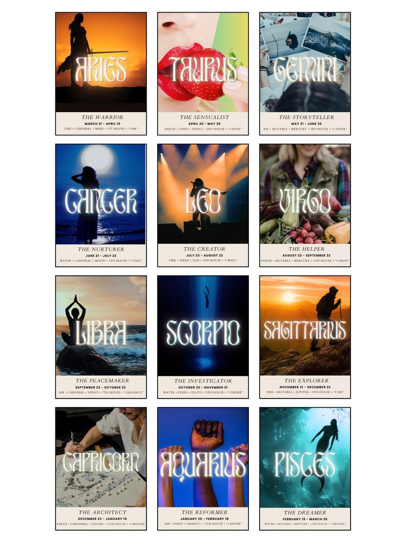 12 Poster Set Zodiac Signs as Archetypes, Aries Taurus Gemini Cancer Leo Virgo Libra Scorpio ...