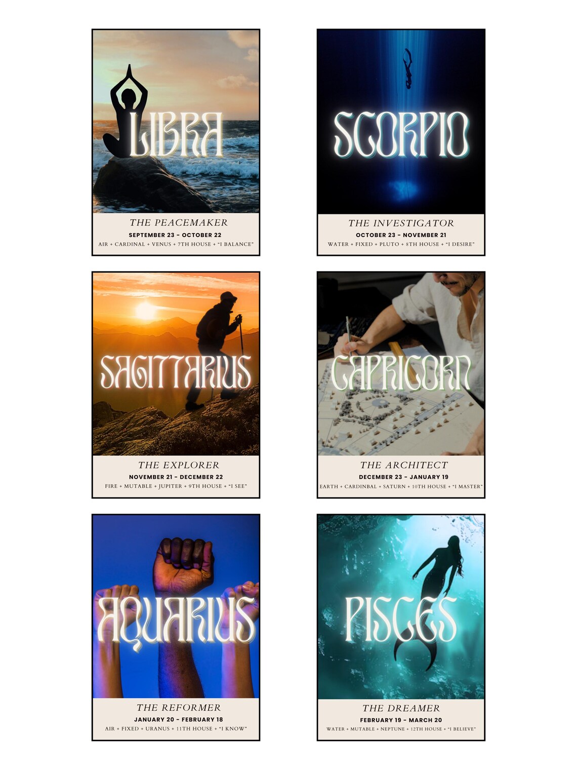 12 Poster Set Zodiac Signs as Archetypes, Aries Taurus Gemini Cancer Leo Virgo Libra Scorpio ...