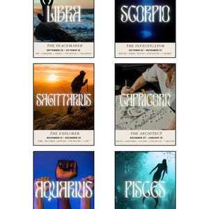 12 Poster Set Zodiac Signs as Archetypes, Aries Taurus Gemini Cancer ...