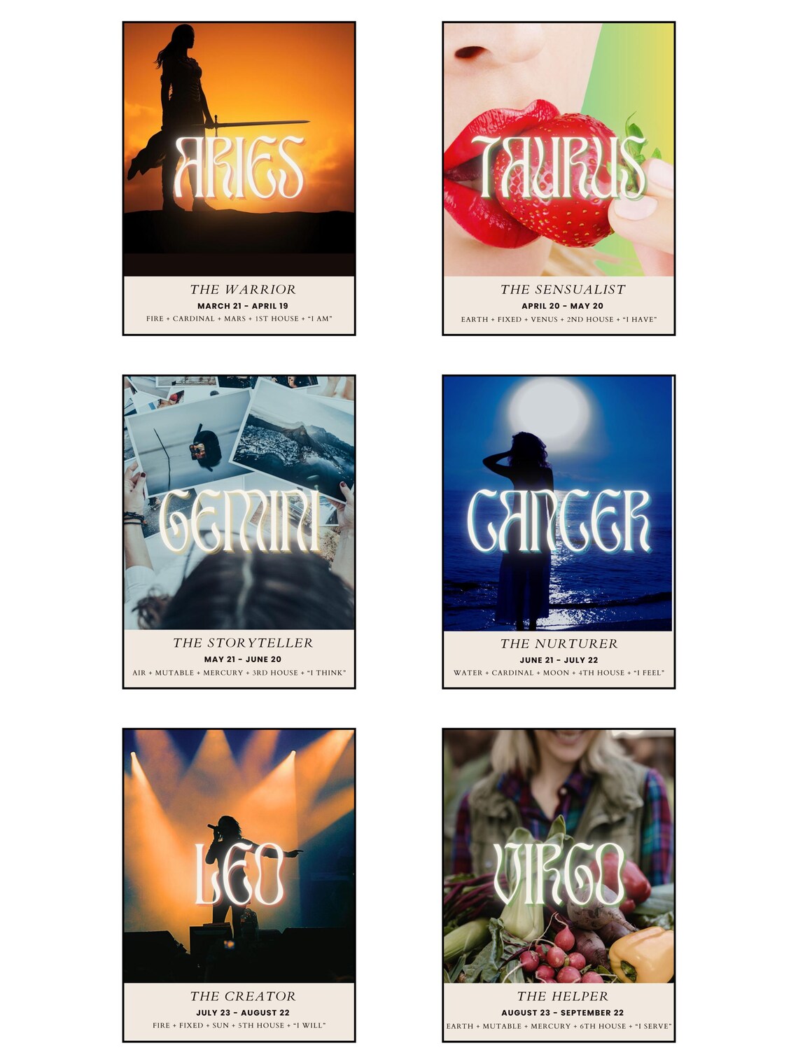 12 Poster Set Zodiac Signs as Archetypes, Aries Taurus Gemini Cancer Leo Virgo Libra Scorpio ...