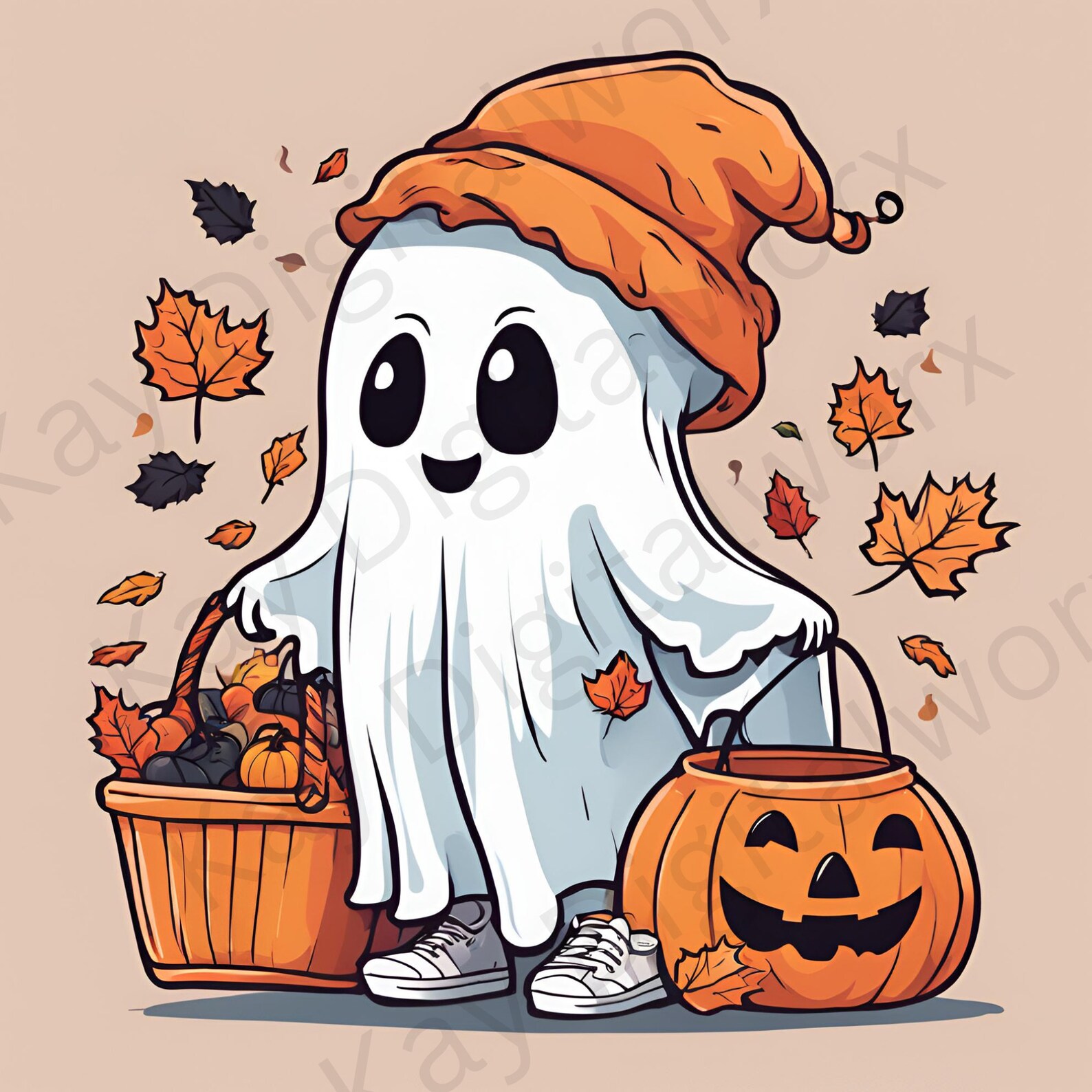 Cute Ghost With Beanie PNG Trick-or-treating Basket PNG Pumpkin Ghost ...